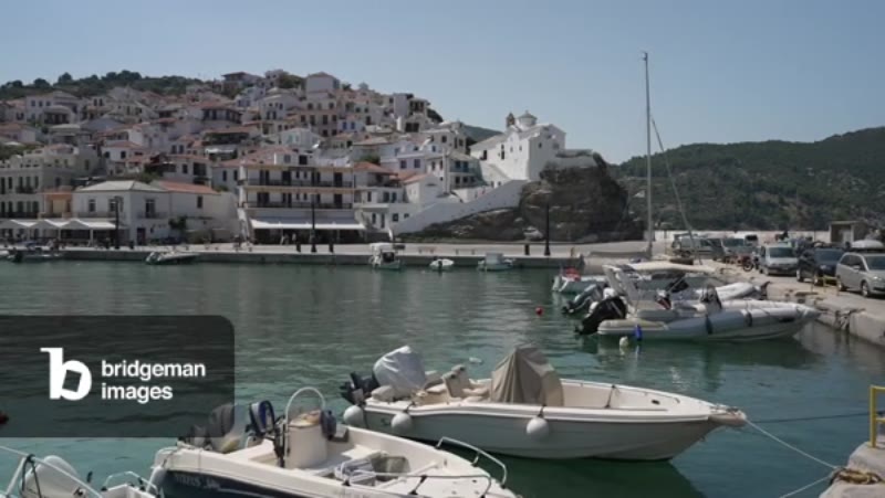 Image of Marina boats and whitewashed Old Town buildings, Skopelos Town ...